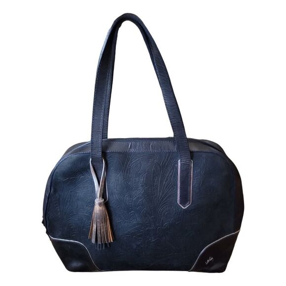 Velez | Bags | Velez Embossed Cowhide Leather Black Bowling Totebag ...